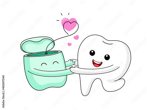 Cute Cartoon Tooth Character And Dental Floss I Love Floss Dental Care Concept Vector