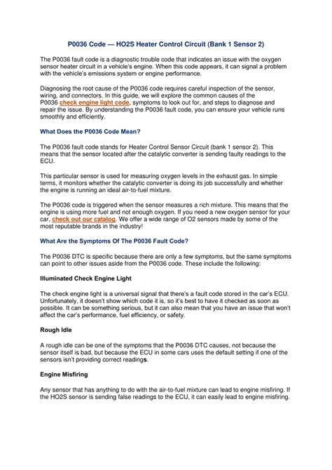 Ppt P0036 Code — Ho2s Heater Control Circuit Bank 1 Sensor 2 Powerpoint Presentation Id