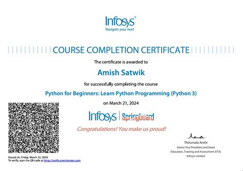 Completed Python Programming Course With Infosys Springboard Amish