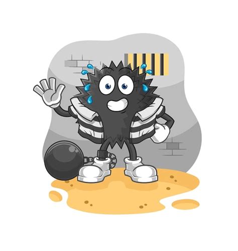 감옥 만화 캐릭터에 성게 범죄자 프리미엄 벡터