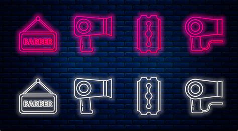 세트 라인 헤어 드라이어 블레이드 면도기 이발소 및 헤어 드라이어 벽돌 벽에 빛나는 네온 아이콘입니다 벡터 가장자리에 대한 스톡 벡터 아트 및 기타 이미지 Istock