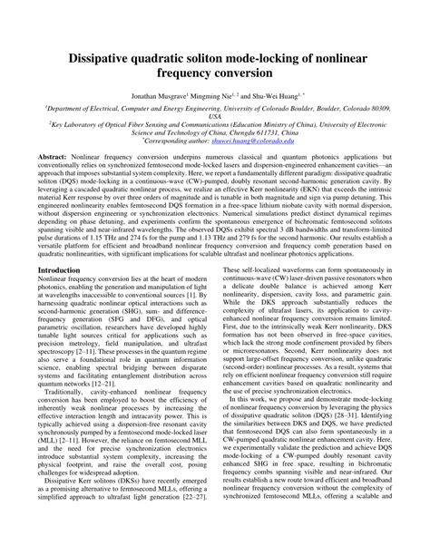 Pdf Dissipative Quadratic Soliton Mode Locking Of Nonlinear Frequency Conversion