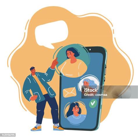 스마트 폰 화면에서 다른 사람들의 벡터 일러스트레이션 Brand Name Smart Phone에 대한 스톡 벡터 아트 및 기타 이미지 Brand Name Smart