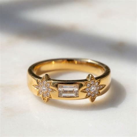 Gold Starburst Ring With Baguette Stone Celestial Minimalist Band Etsy