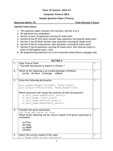Fillable Online Cbse Class 12 Computer Science Sample Paper 2023