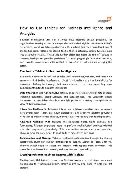 How To Use Tableau For Business Intelligence And Analytics Pdf