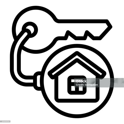 열쇠 및 열쇠 고리 집 태그 라인 아이콘 부동산 개념 벡터 그래픽입니다 코티지 건물 키 기호 흰색 배경 스타일 모바일 또는 디자인 강철에 대한 스톡 벡터 아트 및 기타