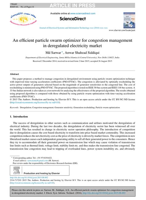 Pdf An Efficient Particle Swarm Optimizer For Congestion Management In Deregulated Electricity