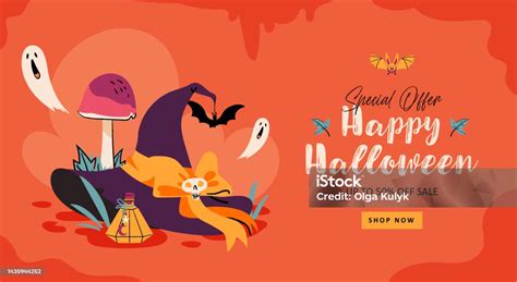 할로윈 요소와 함께 해피 할로윈 판매 배너 전단지 마녀 모자 물약 병 유령 박쥐 및 버섯 포스터 카드 배너 특별 행사를위한 벡터