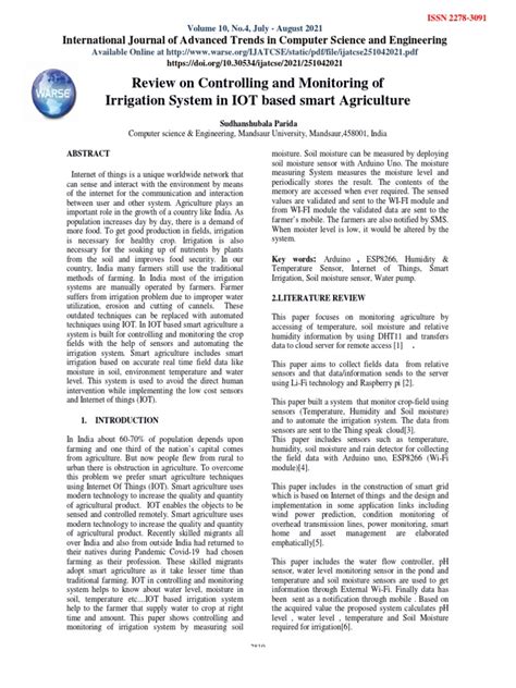 Review On Controlling And Monitoring Of Irrigation System In Iot Based Smart Agriculture