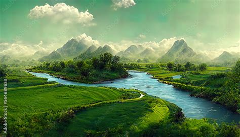 Beautiful Calm Nature Landscape Background Flowing River Stock Illustration Adobe Stock
