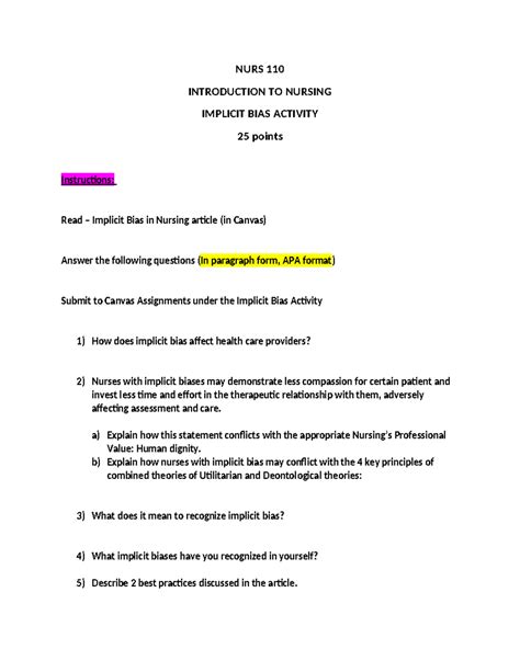 Implicit Bias In Nursing Assignment Nurs 110 Introduction To Nursing