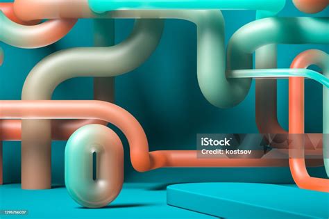 브랜딩 및 제품 프레젠테이션을 위한 쇼케이스 파란색 배경에 그라데이션 다채로운 파이프 근처 파란색 빈 받침대 3d 렌더링 0명에 대한 스톡 사진 및 기타 이미지 Istock