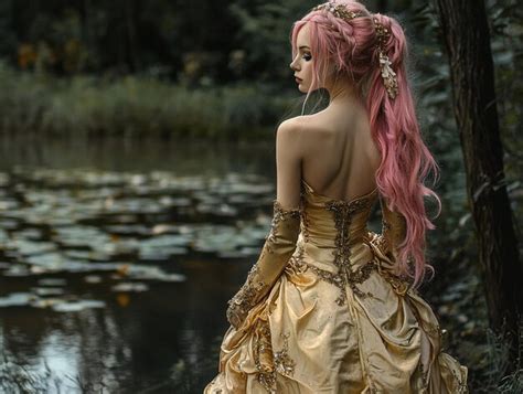 A Girl In A Gold Dress Is Standing In A Pond With Water Ai Generated