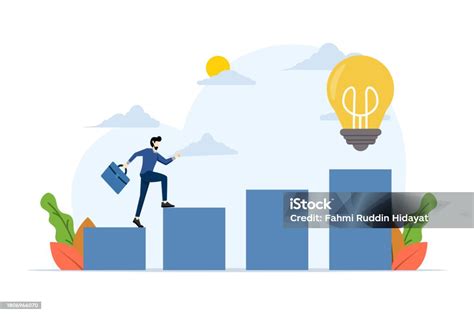 이익 개념 성장하는 비즈니스 그래프 재무 성장 그래프 관리 상징 리더십 전략 사명 목표 사업가는 자신의 아이디어에서 성공을 거두기 위해 사다리로 다이어그램을 올라갑니다