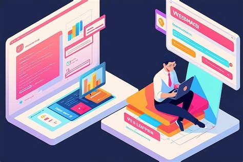 Flat 3d Isometric Businessman Or Web Developer Design Website Interface