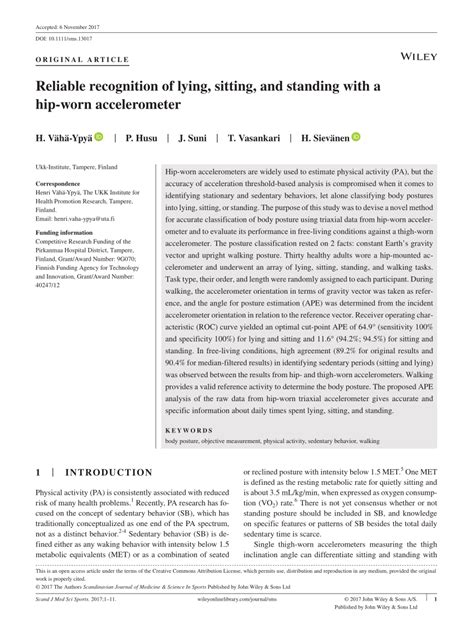 Pdf Reliable Recognition Of Lying Sitting And Standing With A Hip Worn Accelerometer