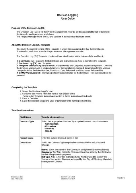 Excel Sample Sheet 41576 Decision Log Dl V0