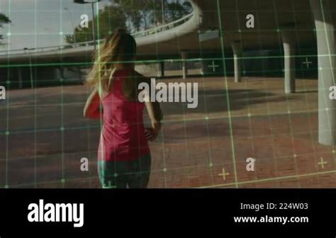 Running Woman In Park With Fitness Tracking Animation Over Her Jogging Exercise Outdoors
