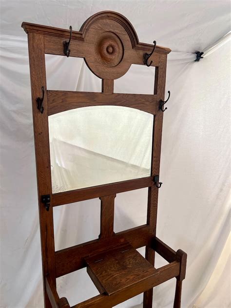 Antique Arts And Crafts Hall Tree Mirror Oak Drawer Umbrella Stand Hat