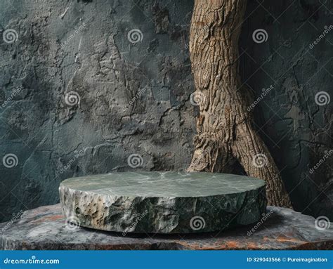 Stone Platform With Tree Branch Against Rustic Wall Stock Illustration