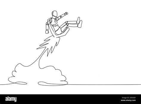 Single One Line Drawing Robot Riding Office Chair Rocket Flying In The