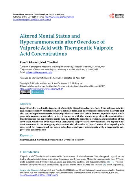 Pdf Altered Mental Status And Hyperammonemia After Overdose Of
