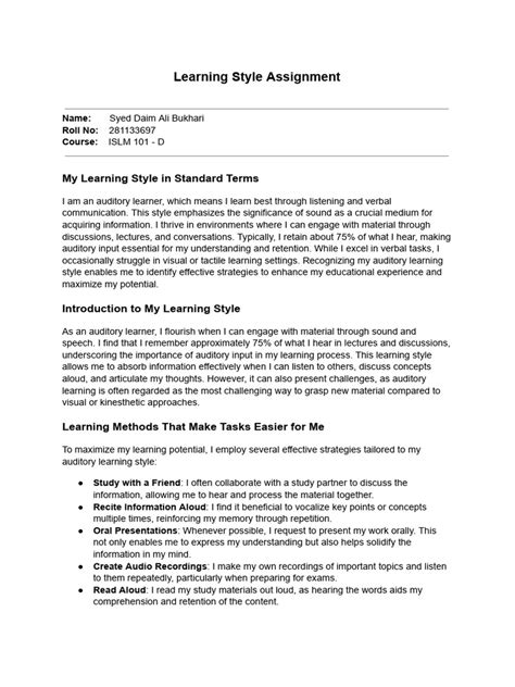 Learning Style Assignment Pdf
