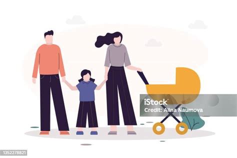 가족 초상화 아기 마차와 함께 산책에 딸과 부모 귀여운 사람들이 서 있다 어머니 아버지와 소녀 행복 아내 과 남편 와 대 부모에 대한 스톡 벡터 아트 및 기타 이미지