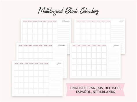 elegant planner printable monthly blank calendar multilingual calendar calendrier 12 mois