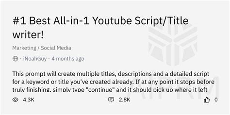 Prompt 1 Best All In 1 Youtube Scripttitle Writer By Inoahguy Aiprm For Chatgpt