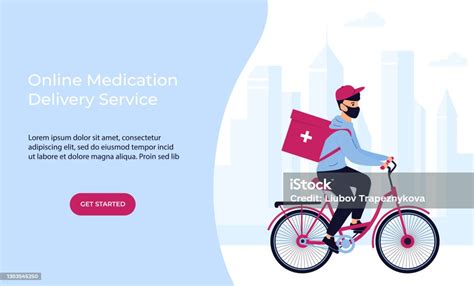 코비드19 격리 코로나바이러스 전염병 보호 마스크를 쓴 배달 남자는 자전거로 약을 배달합니다 무료 약용 배송 웹 페이지 템플릿 건강관리와 의술에 대한 스톡 벡터 아트 및