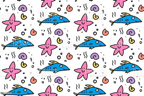 귀여운 낙서 물고기와 불가사리와 바다 생활 원활한 패턴 손으로 그린 라인 만화 물고기 해양 배경 직물 섬유 디자인 포장지 또는 벽지에 대한 벡터 그림 귀여운에 대한 스톡
