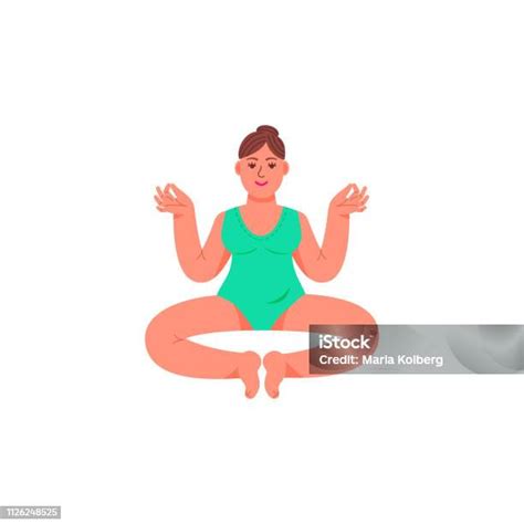 더하기 크기 여자 로터스 위치에 앉는 다 플러스 크기 여자는 명상 자세에서 앉는 다 벡터 만화 스타일의 일러스트입니다 과체중에 대한 스톡 벡터 아트 및 기타 이미지 Istock