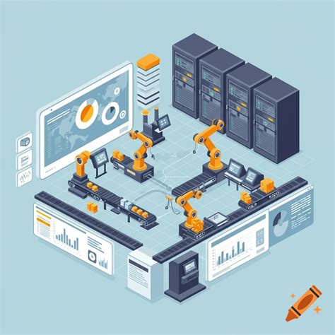 Isometric Flat Design Illustration Of A Smart Factory With Robots Conveyors And Data Screens