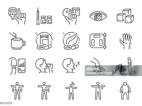 당뇨병 라인 아이콘 세트입니다 질병 설탕 지방 신체 대사 질환 인슐린 의학 건강 등으로 아이콘을 포함 아이콘에 대한 스톡 벡터 아트 및 기타 이미지 Istock