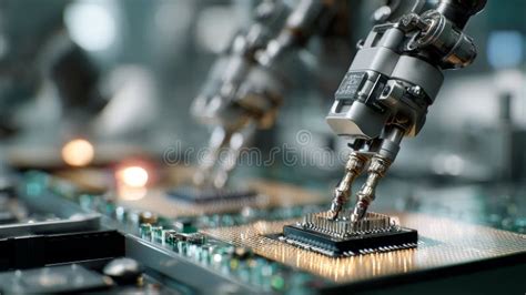 Close Up Of High Precision Robot Arms On Automated Pcb Assembly Line Inside Modern Electronics