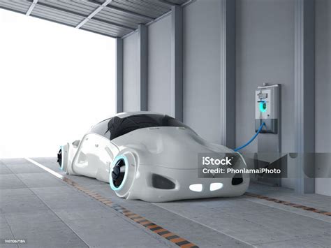 운전자가없는 자동차 또는 자율 주행 자동차는 Ev 충전 스테이션과 플러그를 꽂습니다 무인교통에 대한 스톡 사진 및 기타 이미지 무인교통 컨셉트 카 3차원 형태