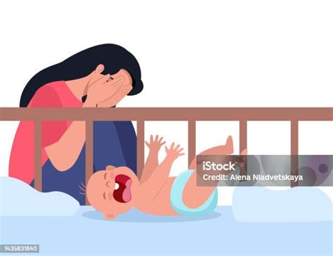 산후 우울증에 걸린 여성 지치고 스트레스를받습니다 신생아의 아기 침대 옆에있는 불행한 엄마 작은 아이가 히스테리하게 울고 손잡이를 당기고 있습니다 벡터 일러스트레이션 가족에