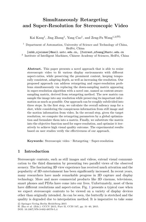 Pdf Simultaneously Retargeting And Super Resolution For Stereoscopic