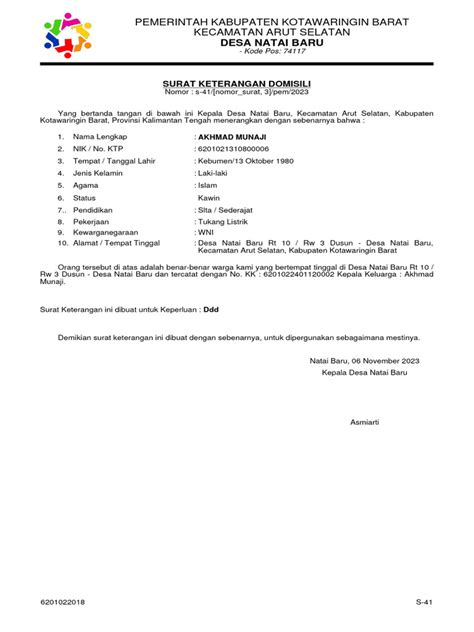 Surat Keterangan Domisili 6201021310800006 2023 11 06 2 Pdf