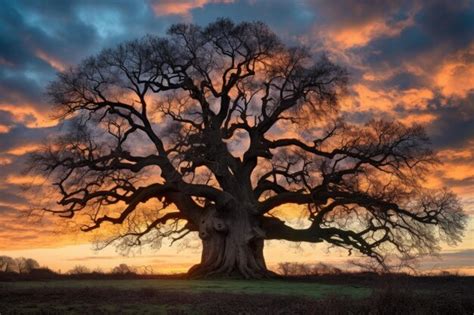 Premium Ai Image Ancient Oak Tree Silhouetted Against A Dramatic