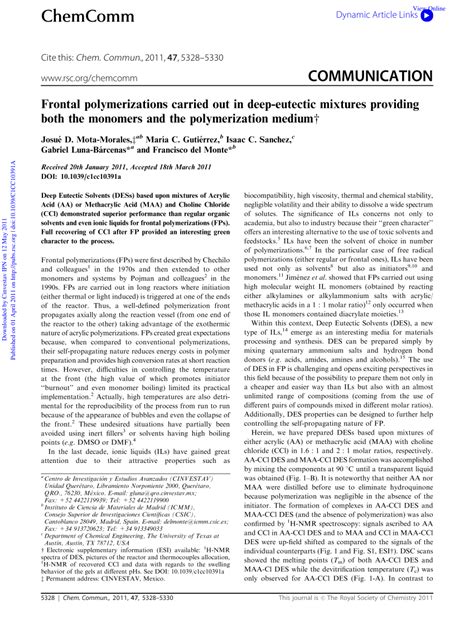 Pdf Frontal Polymerizations Carried Out In Deep Eutectic Mixtures Providing Both The Monomers