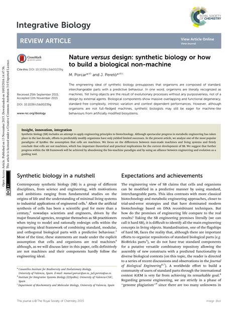 PDF Nature Versus Design Synthetic Biology Or How To Build A Biological Non Machine