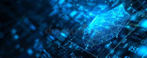 Blue Toned Cyber Security Background Featuring A Digital Shield Binary Code And Abstract Lines