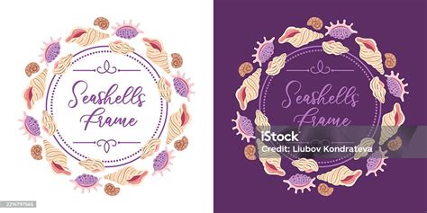 밝은 배경과 어두운 배경을 배경으로 다양한 조개껍데기로 만든 둥근 프레임을 특징으로 하는 벡터 일러스트레이션 여름 테마 디자인 해변 초대장 및 해안 프로젝트를 향상시키는 데