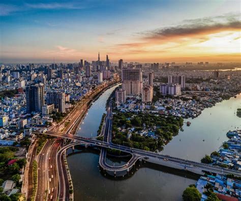Aerial Panorama View Of Ho Chi Minh City District 4 Skyline At Sunrise
