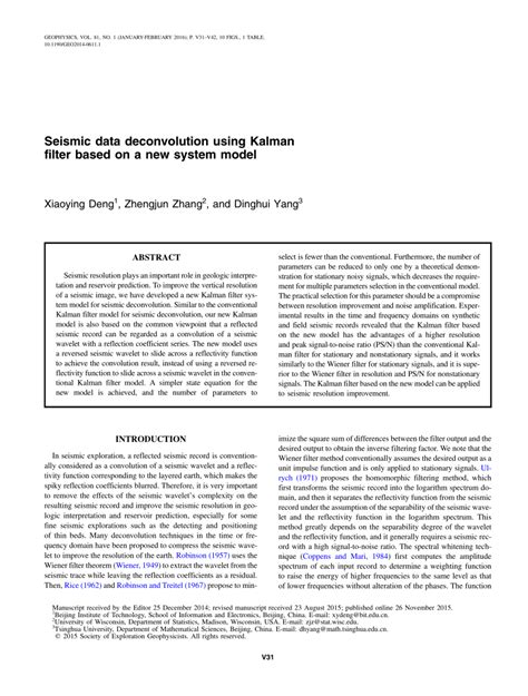 Pdf Seismic Data Deconvolution Using Kalman Filter Based On A New