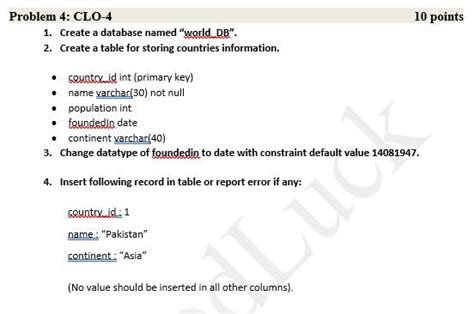 Solved 10 Points Problem 4 Clo 4 1 Create A Database Named