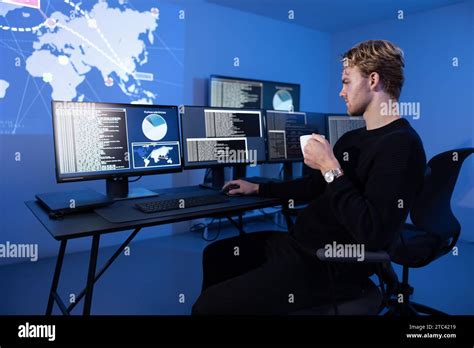 Back View In The Cyber Security Control Center Operator Working